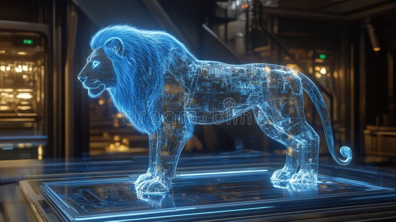 Holographic Lion Projection on Futuristic Tech Display, 3D Rendered ...
