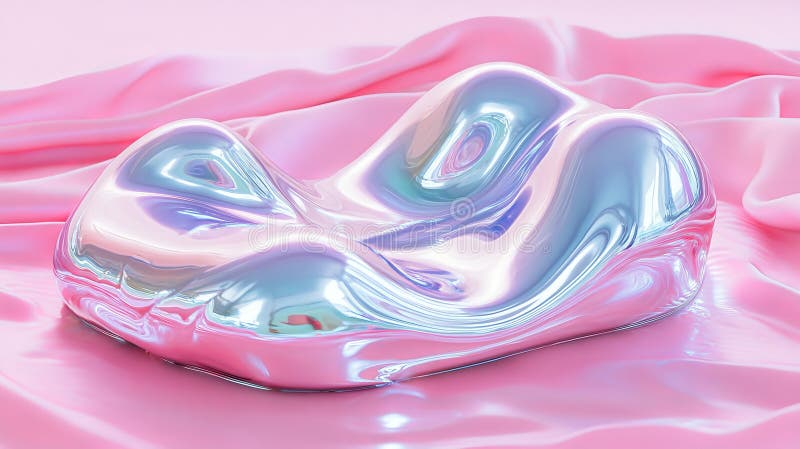 Holographic Liquid Blob Shape on Soft Pink Fabric Background with ...