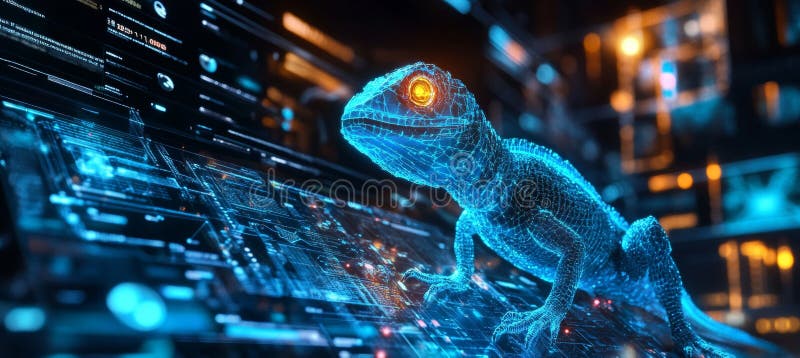 Holographic Lizard in Digital Landscape, Representing a Fusion of ...
