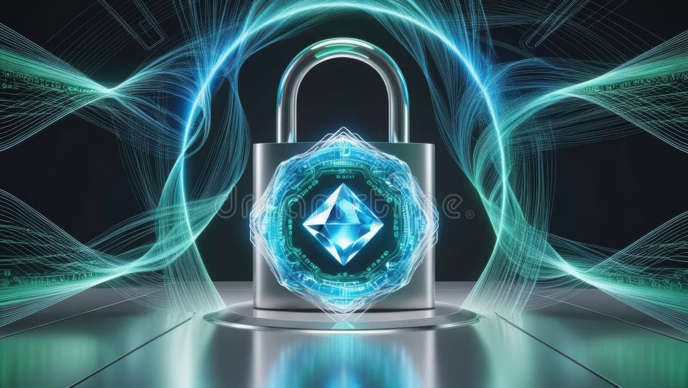 Holographic Lock with Glowing Blue Diamond Symbolizing Encrypted Data ...