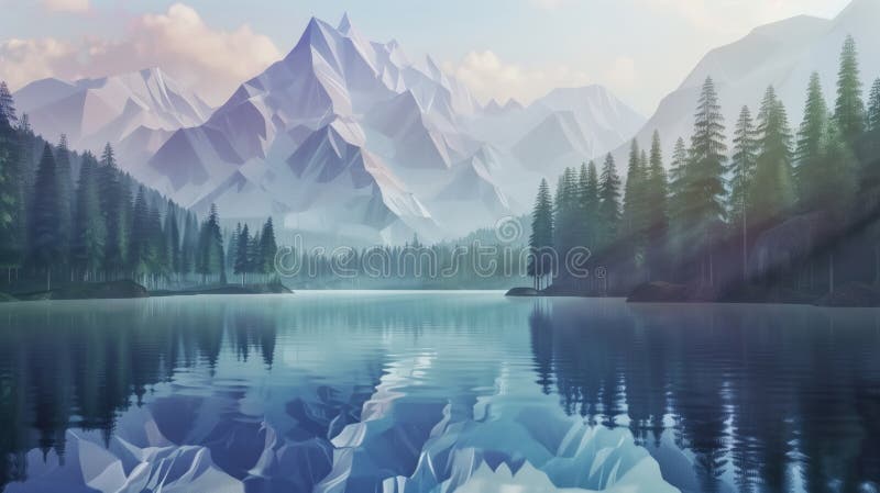 Holographic Low-poly Northen Lake with Forest Landscape Stock Image ...