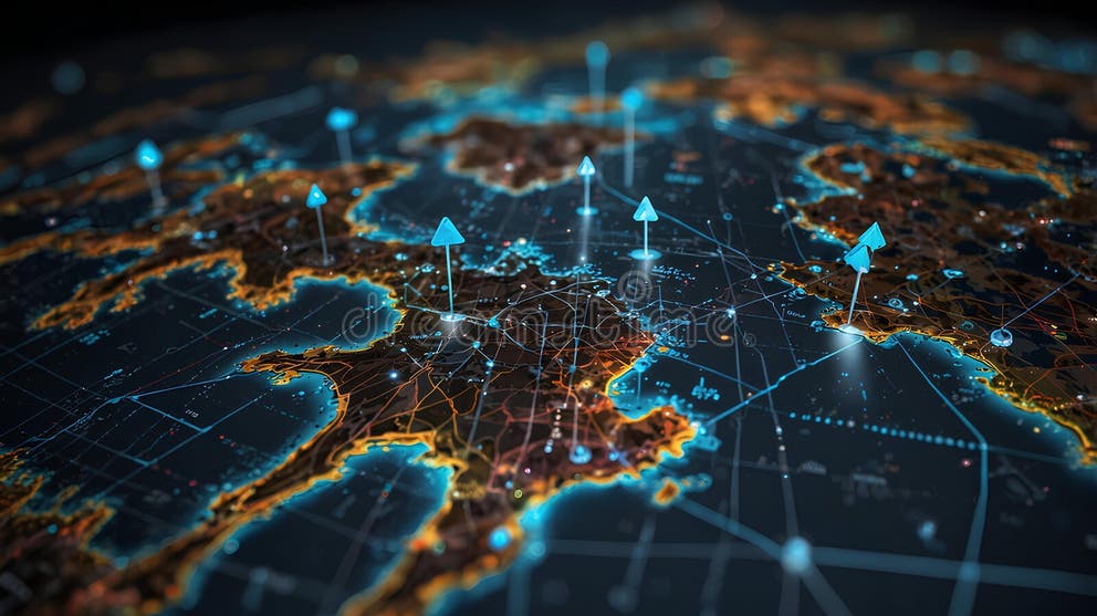 A Holographic Map with 3D Navigation Pins and Data Points Stock ...