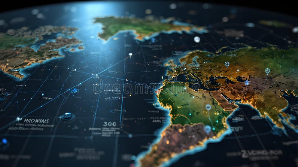 A Holographic Map with 3D Navigation Pins and Data Points Stock ...