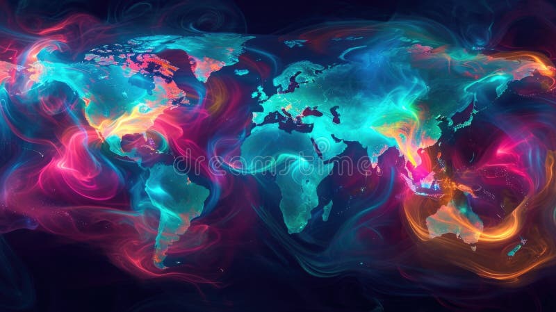 A Holographic Map of the World Appears with Vibrant Swirling Clouds ...