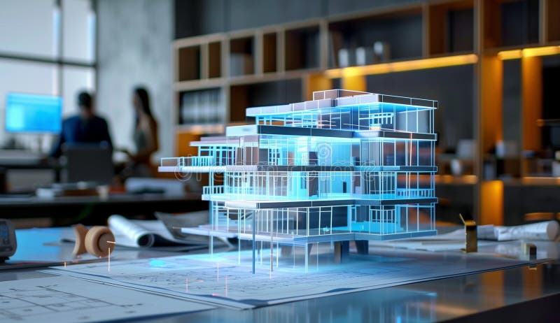 A Holographic Model of an Architectural Building, Glowing with Blue ...