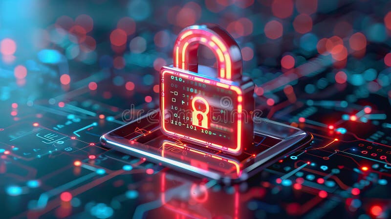 Holographic Padlock Amidst Data Streams And Binary Code In High Tech Security Setting Stock