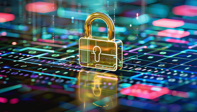 Holographic Padlock Amidst Data Streams and Binary Code in High-tech ...