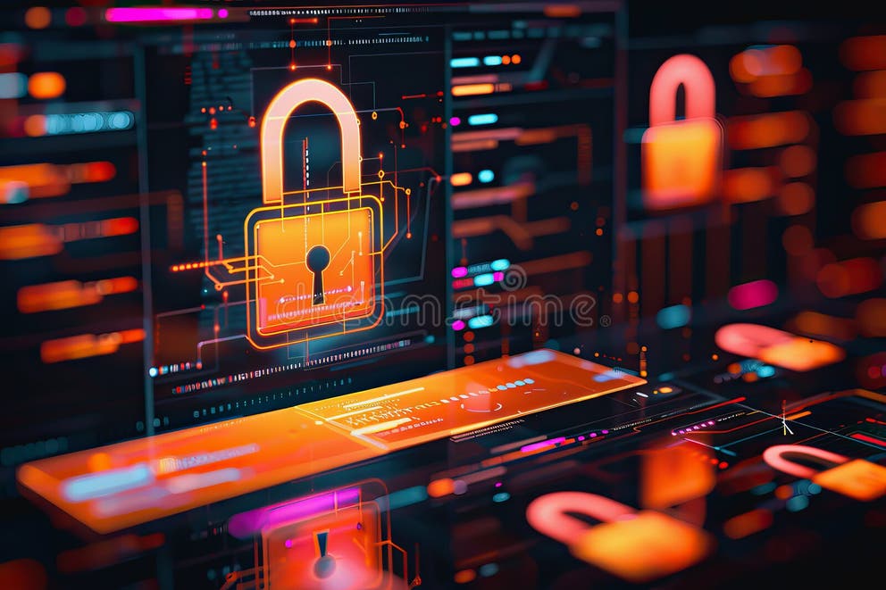 Holographic Padlock Amidst Data Streams and Binary Code in High-tech Security Setting Stock ...