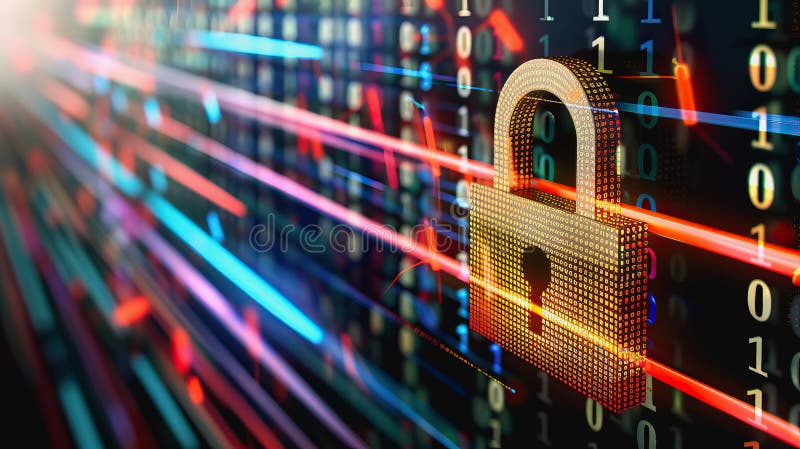 Holographic Padlock Amidst Data Streams and Binary Code in High-tech ...