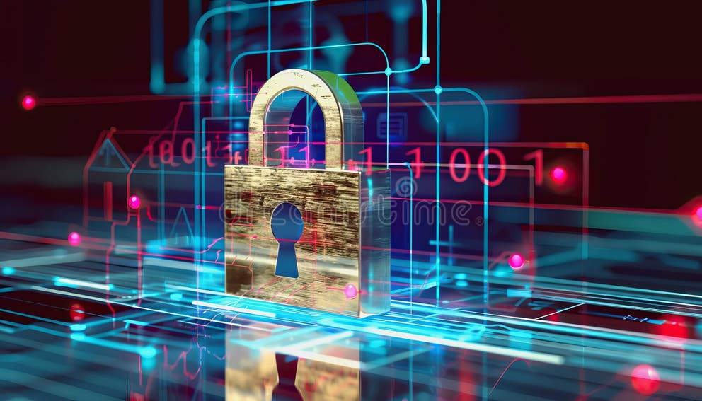 Holographic Padlock Amidst Data Streams and Binary Code in High-tech Security Setting Stock ...