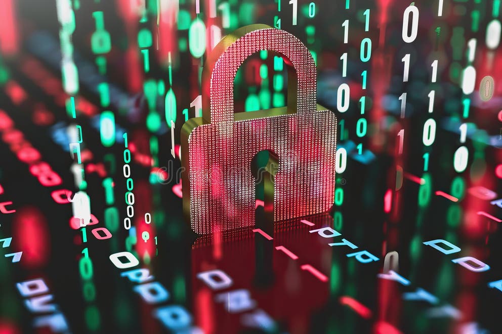 Holographic Padlock Amidst Data Streams and Binary Code in High-tech Security Setting Stock ...