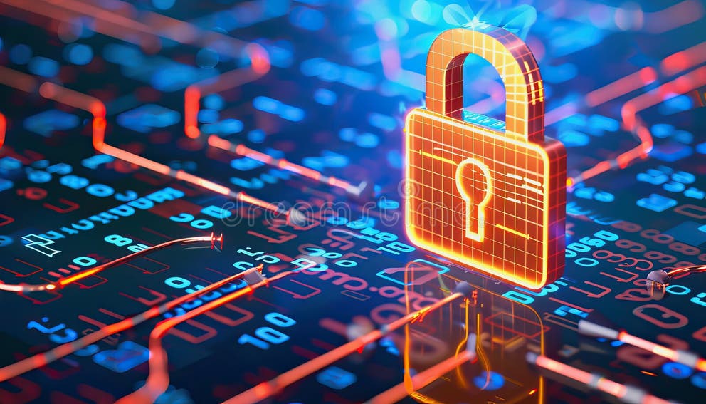 Holographic Padlock Amidst Data Streams and Binary Code in High-tech Security Setting Stock ...