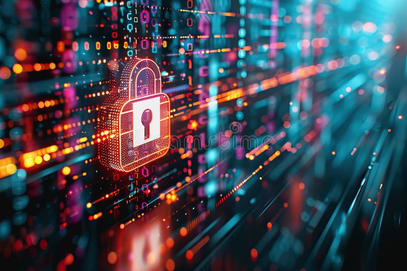 Holographic Padlock Amidst Data Streams and Binary Code in High-tech ...