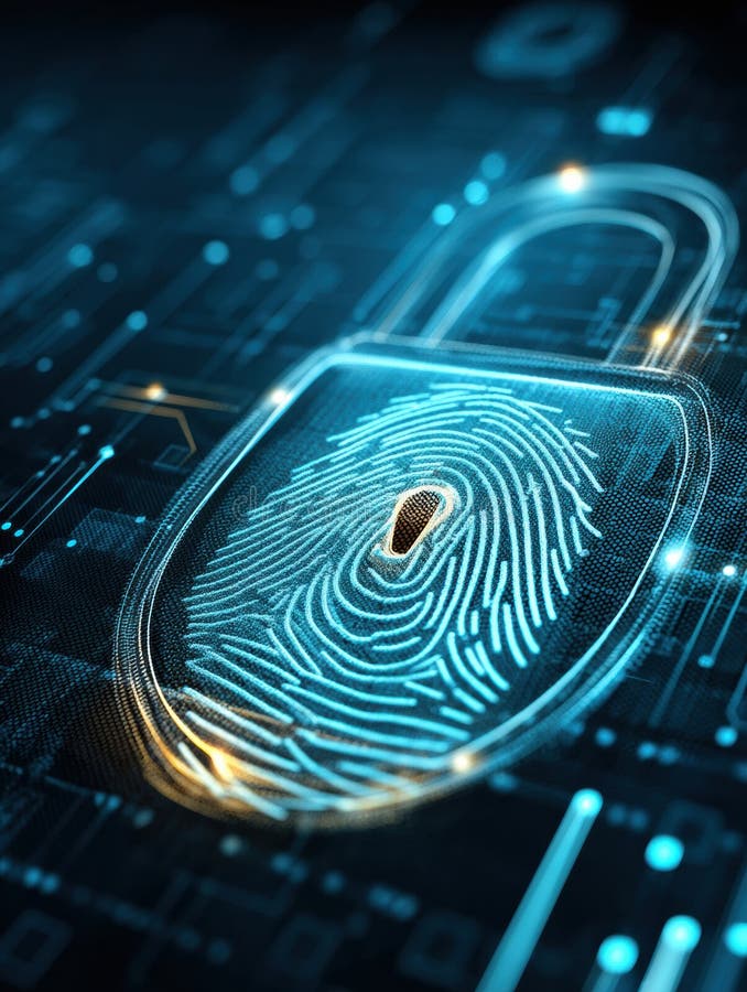 Holographic Padlock Fingerprint Icon Representing Cybersecurity Digital ...