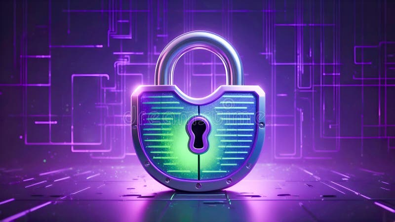 A Holographic Padlock Icon with Flowing Data Streams and Encryption ...