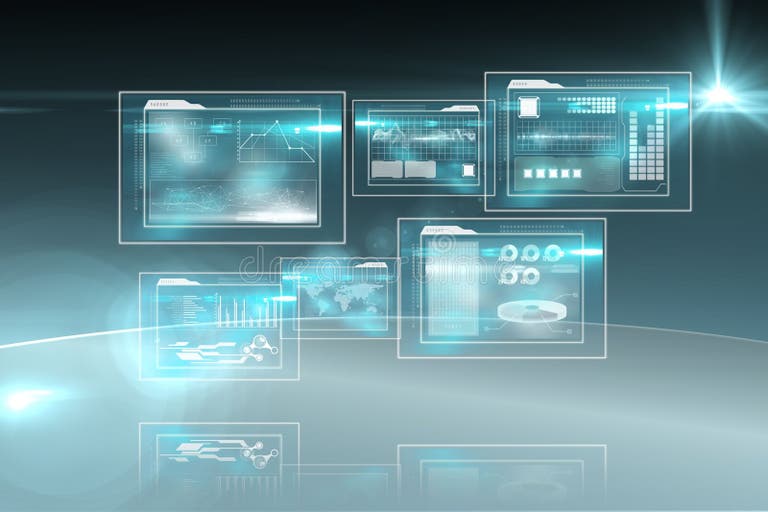 Holographic Panels are Floating Over Platform in Futuristic UI and Displaying Line Graphs and ...