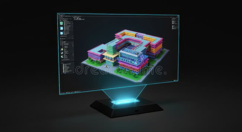 Holographic Pixel Art Building Design on a Futuristic Display Stock ...