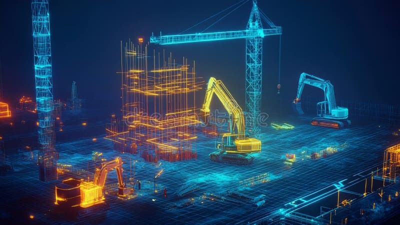 Construction Site Hologram with Cranes and Excavators Building Future ...
