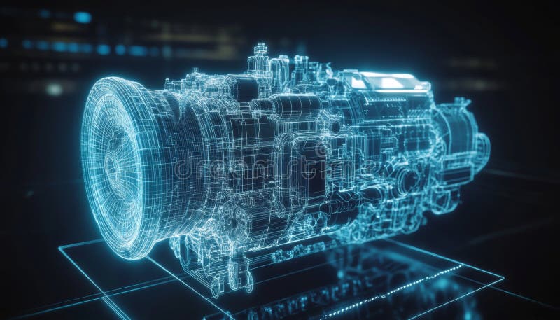 Holographic Projection of a Glowing Blue Electric Engine with Detailed ...