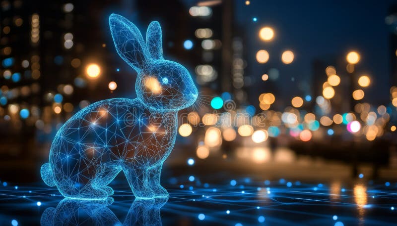 Holographic Rabbit in Cyber Cityscape Representing Modern Technology ...