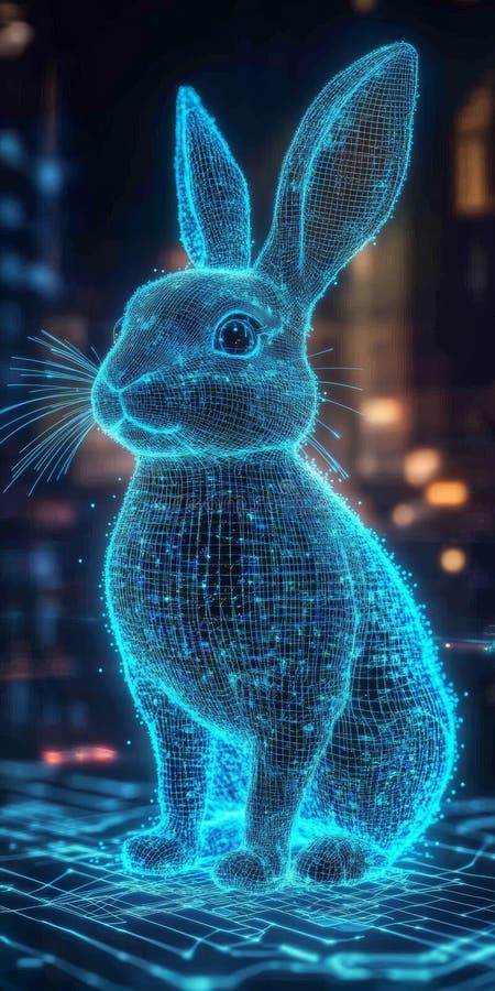 Holographic Rabbit Glowing in City Lights Futuristic Technology ...