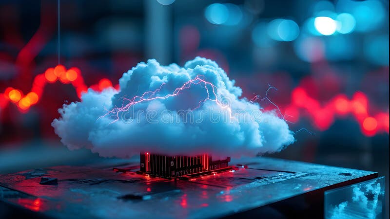 Holographic Red Cloud Icon with Lightning, Symbolizing Cloud Computing ...