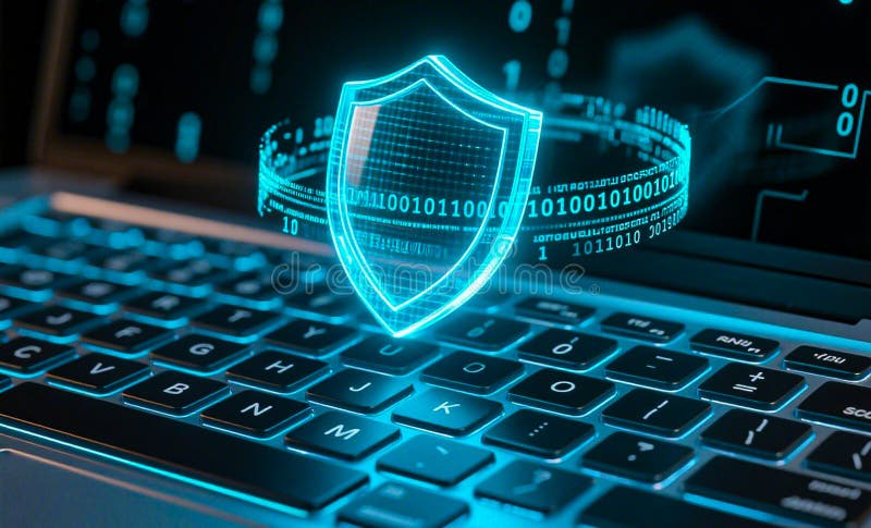 Holographic Security Shield Floating Above Laptop Keyboard Stock Illustration - Illustration of ...