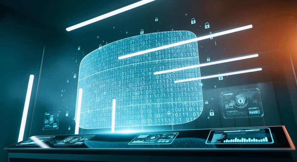 Holographic Shield Icon Materializing from Binary Data Stream in ...