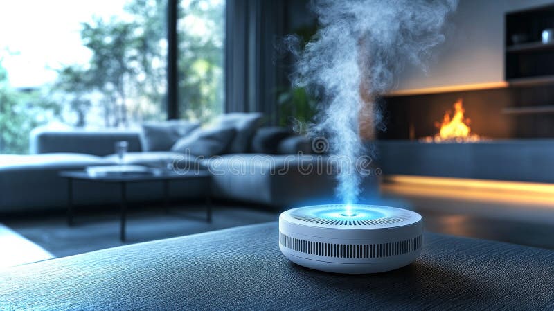 Holographic Smart Smoke Detector Displaying Safety Features in a Modern ...