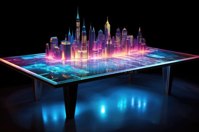 Holographic Table Displaying Futuristic Cityscape Stock Photo - Image ...