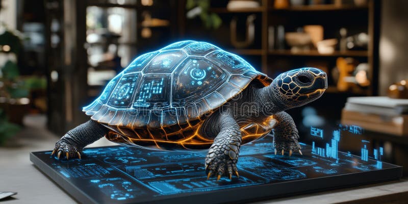 Holographic Tortoise with Glowing Circuitry Shell Navigating a ...