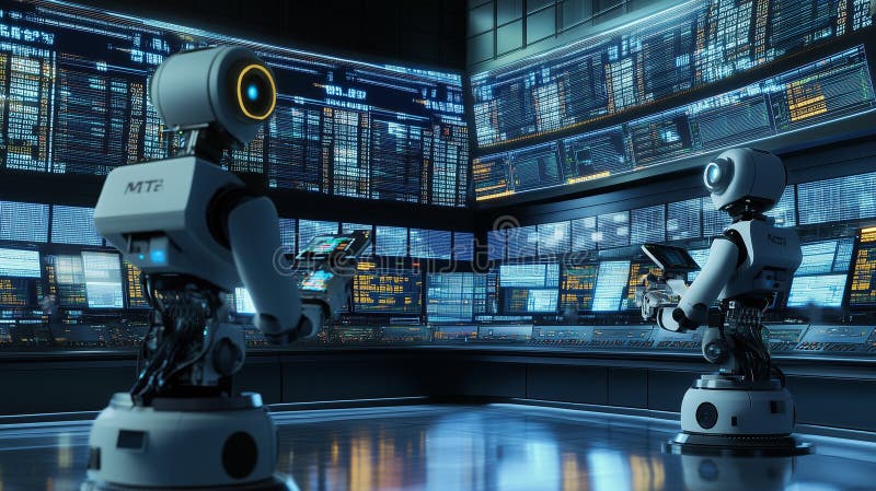 Robot Analysis in Data Command Center Stock Illustration - Illustration ...