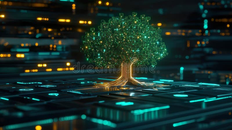 Holographic Tree Growing with Circuity Computer Mother Board Data Technology Nature Harmony ...