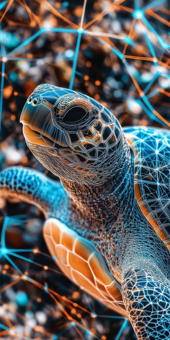 Holographic Turtle Emerging from Digital Grid, Symbolizing Technology ...