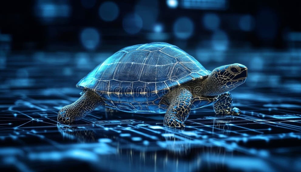Holographic Turtle Navigating Digital Landscape Symbol of Slow and ...