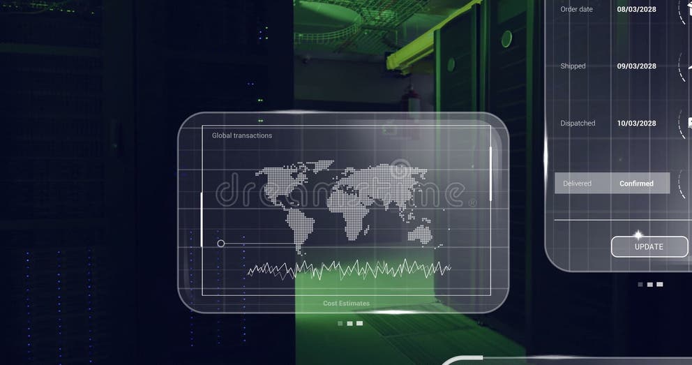 Holographic UI Glowing in Server Room, with Transactions Map, Line ...