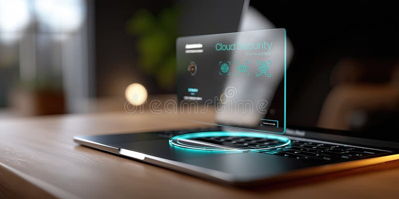 Holographic UI, Laptop, Cloud Security, Glowing, Futuristic, Digital Interface, Technology Stock ...