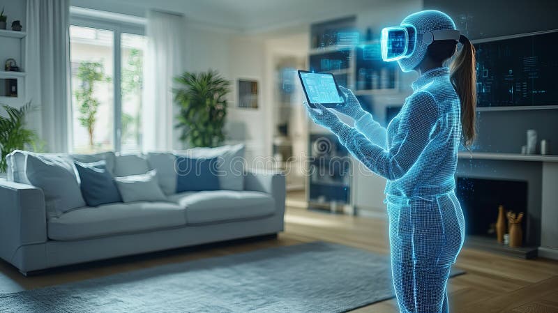 Holographic Virtual Assistant is Interacting with Tablet in Modern ...