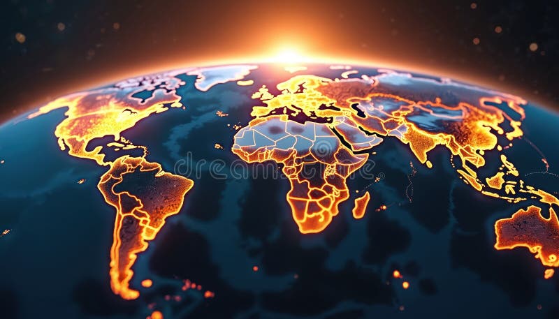 Holographic Visualization of Earth. Orange Glowing Continents Display ...
