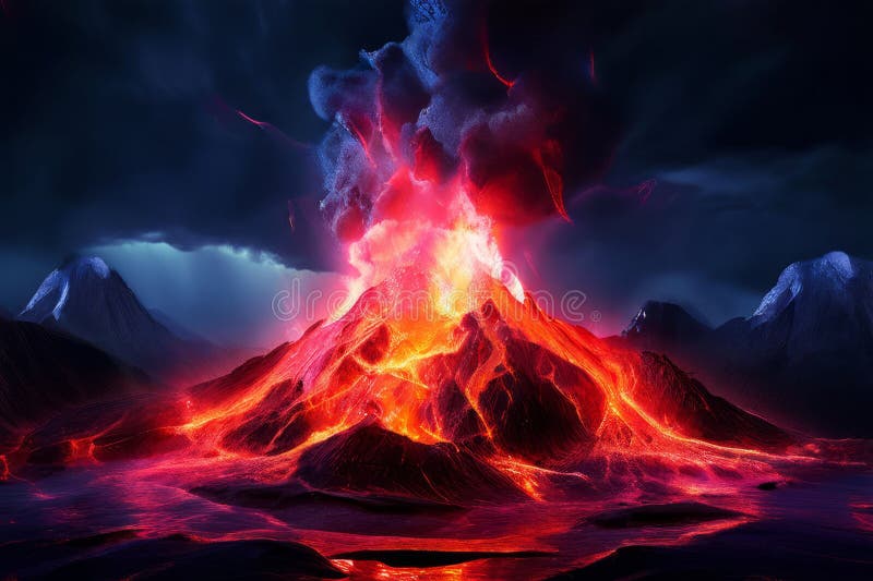 Holographic Volcano an Erupting Volcano with Flowing Lava Render Stock ...