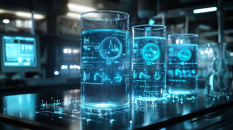 Holographic Water and Purification Data Visualization in Futuristic Lab ...