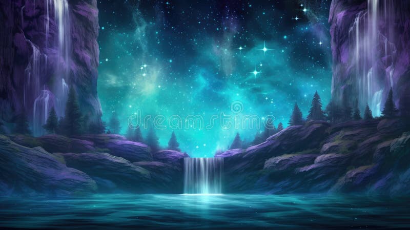 A Holographic Waterfall Under the Starlit Sky Stock Illustration ...
