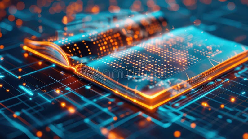 A Holographic Wireframe Book Emitting Data Code and Glowing Lights, Set ...