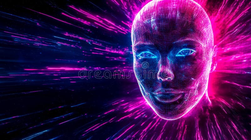 Holographic Wireframe Face Emerging from Glowing Light Trails Stock ...