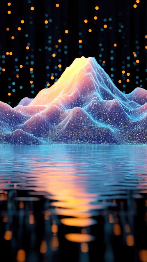 Holographic Wireframe Mountain Reflecting on Water As Computer Graphic ...