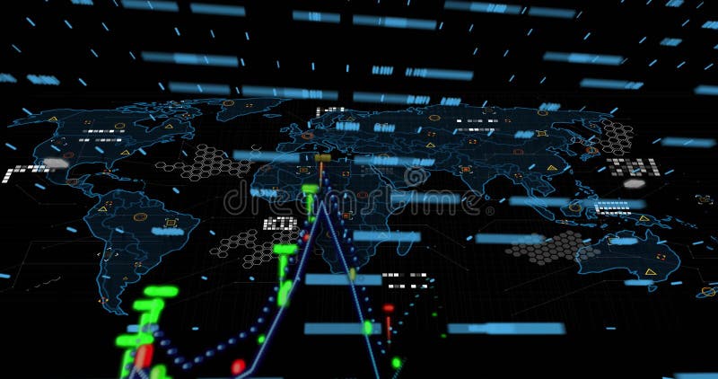 Holographic World Map Animating in 3D, Showing Multicolored Line Graph and Hexagonal Data ...