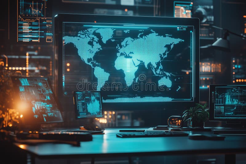 3D Holographic World Map with Glowing Digital Pins and Network Pathways ...