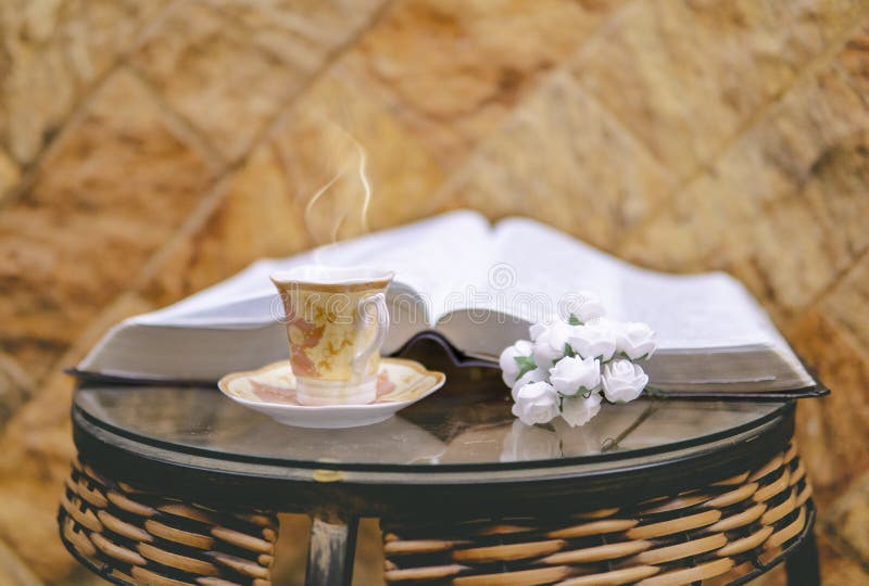 Holy Bible with Hot Tea Espresso in Modern Scene Stock Photo - Image of ...