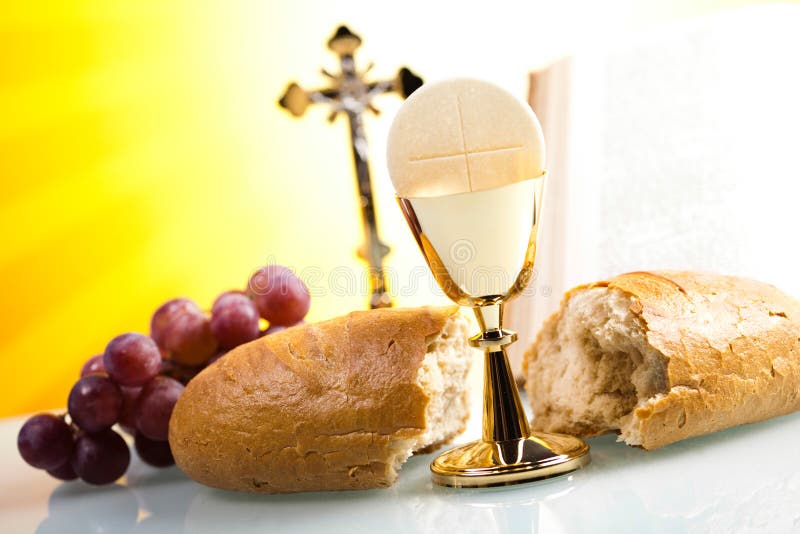 Holy Communion a Golden Chalice with Grapes and Bread Wafers Stock ...