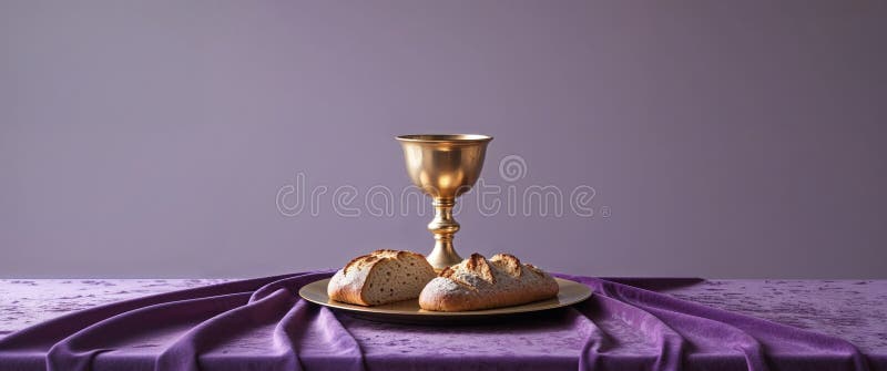 Holy Communion Chalice and Bread on Purple Cloth Stock Image - Image of ...